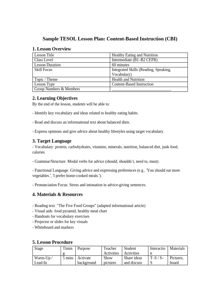 7. Sample_TESOL_Content_Based_Instruction_Lesson_Plan | PDF | Reading ...