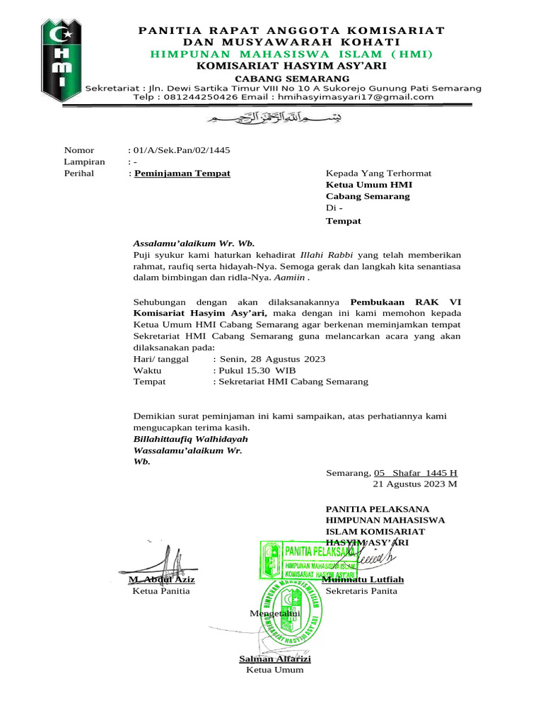 Surat Peminjaman Tempat RAK Ke-VI HMI Komisariat Hasyim Asy'Ari | PDF