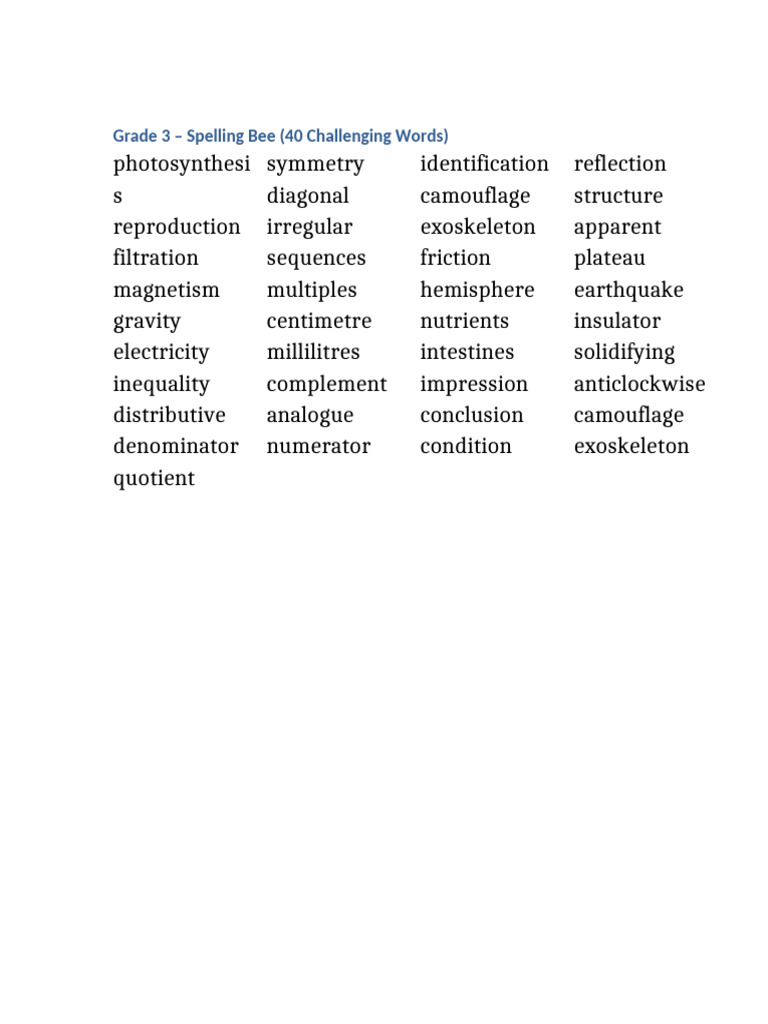 Grade 3 Spelling Bee 40 Words 4 Columns | PDF