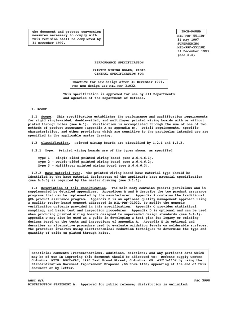 MIL-PRF-55110 Printed Circuit Boards Performance Specs | PDF ...