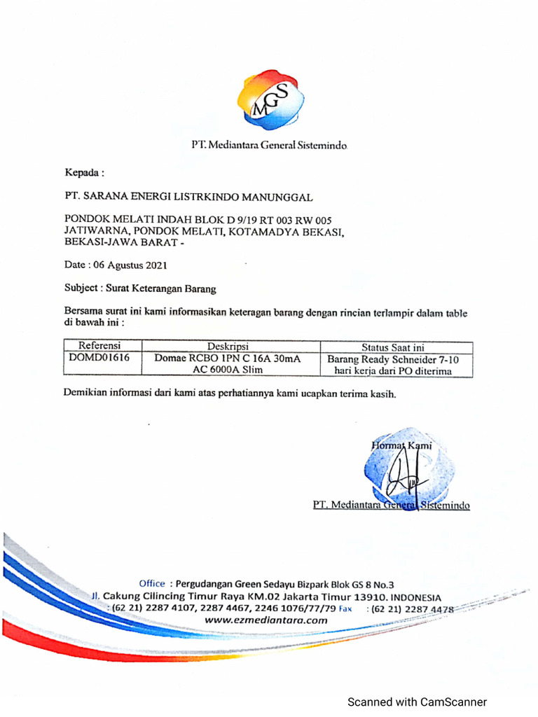 Surat Keterangan Indent RCBO | PDF
