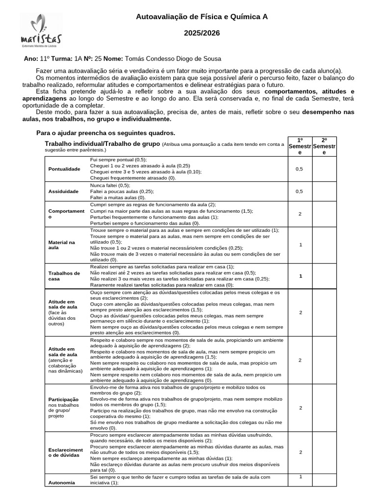 Autoavaliação ES FQA (25-26) - TomásS | PDF