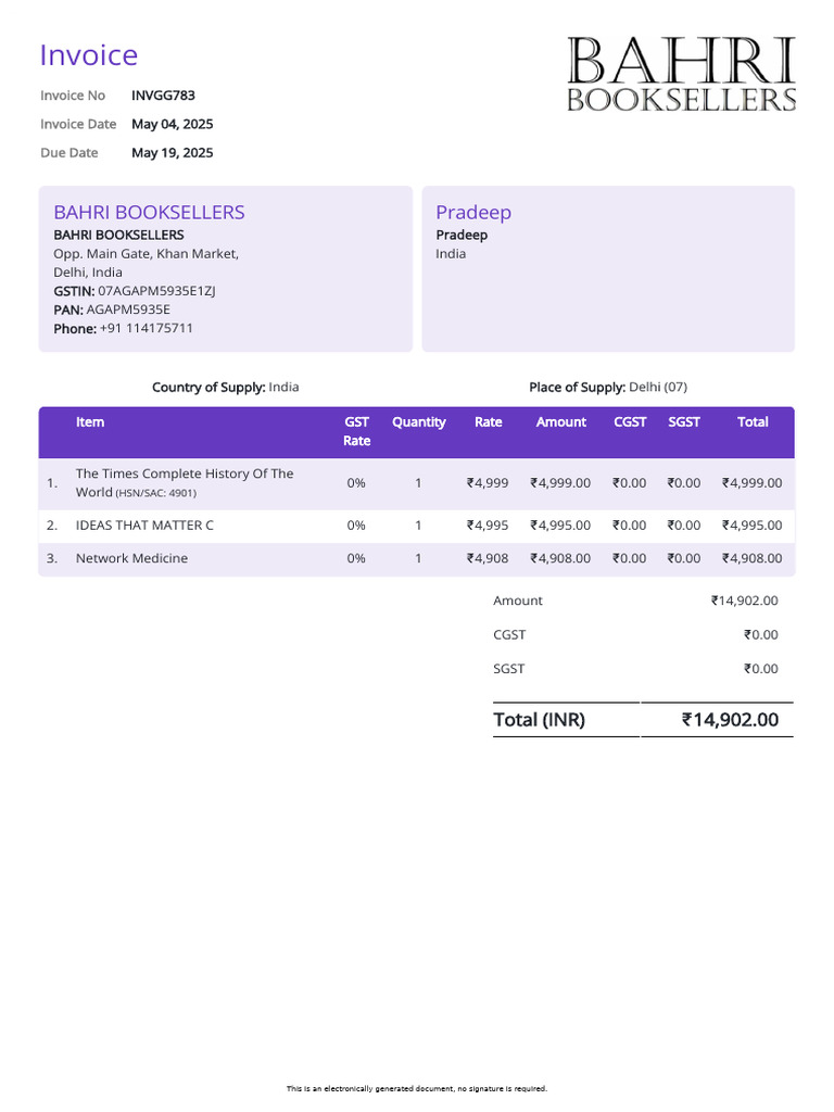 Invoice Invgg783 Bahri Booksellers Pradeep | PDF