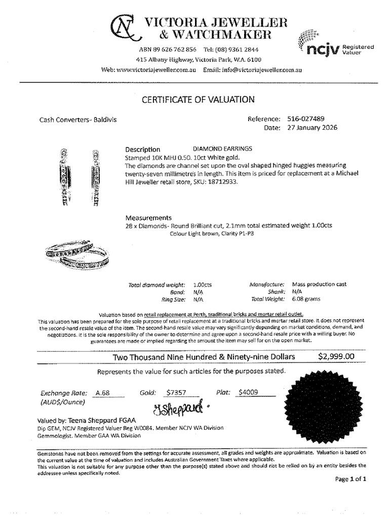 Valuation-057200027489 10ct Michael Hill White Gold Diamond Sleeper ...