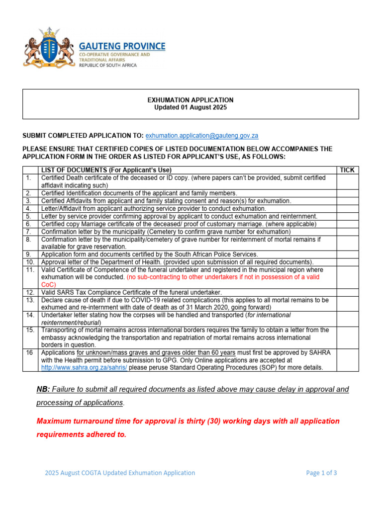 COGTA Updated Exhumation Application NOV 2025 | PDF | Burial