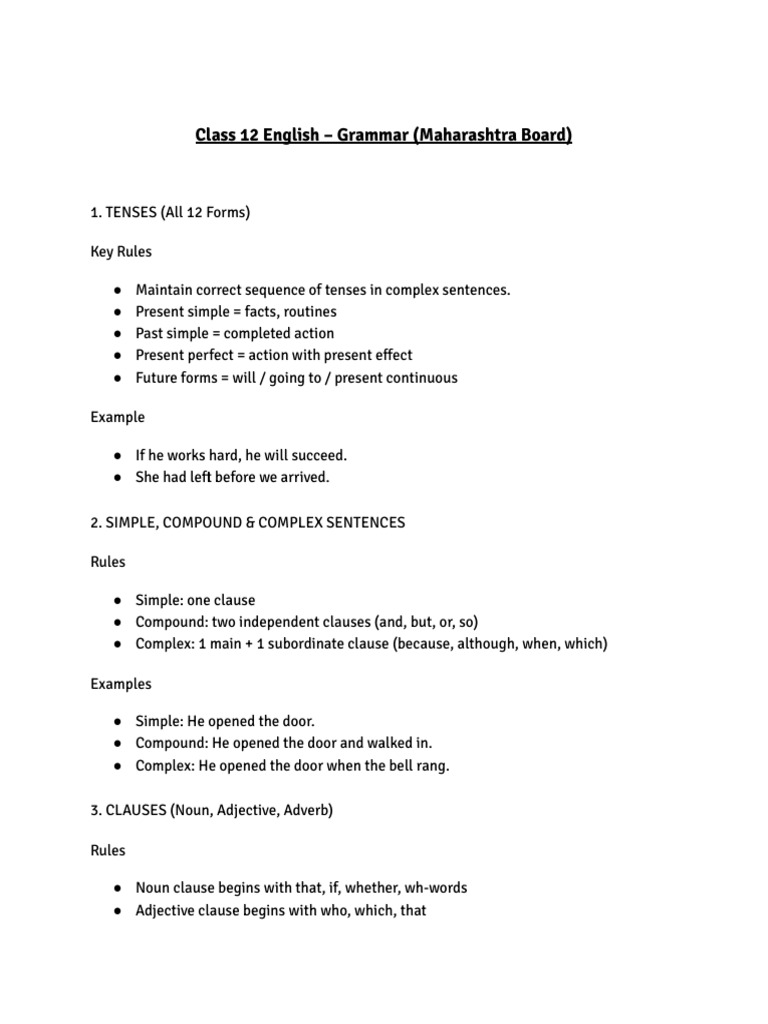 Class 12 English - Grammar (Maharashtra Board) | PDF | Verb | Adjective