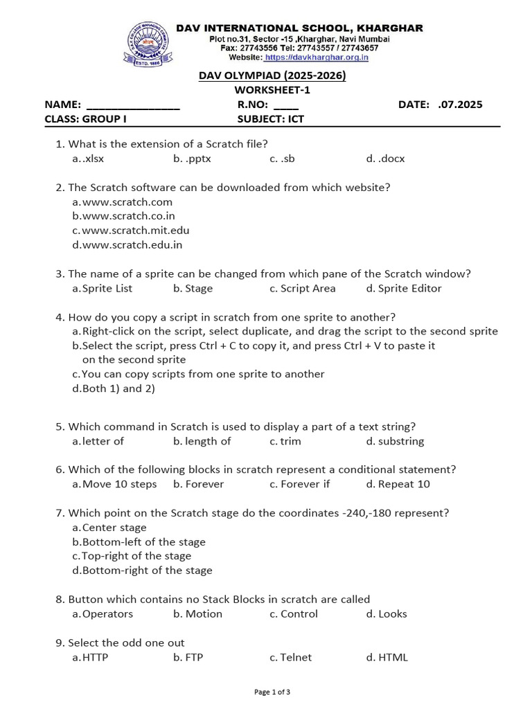 Dav Ict Olympiad Group I Worksheet1 (2025-2026) | PDF | Bit | Scratch ...