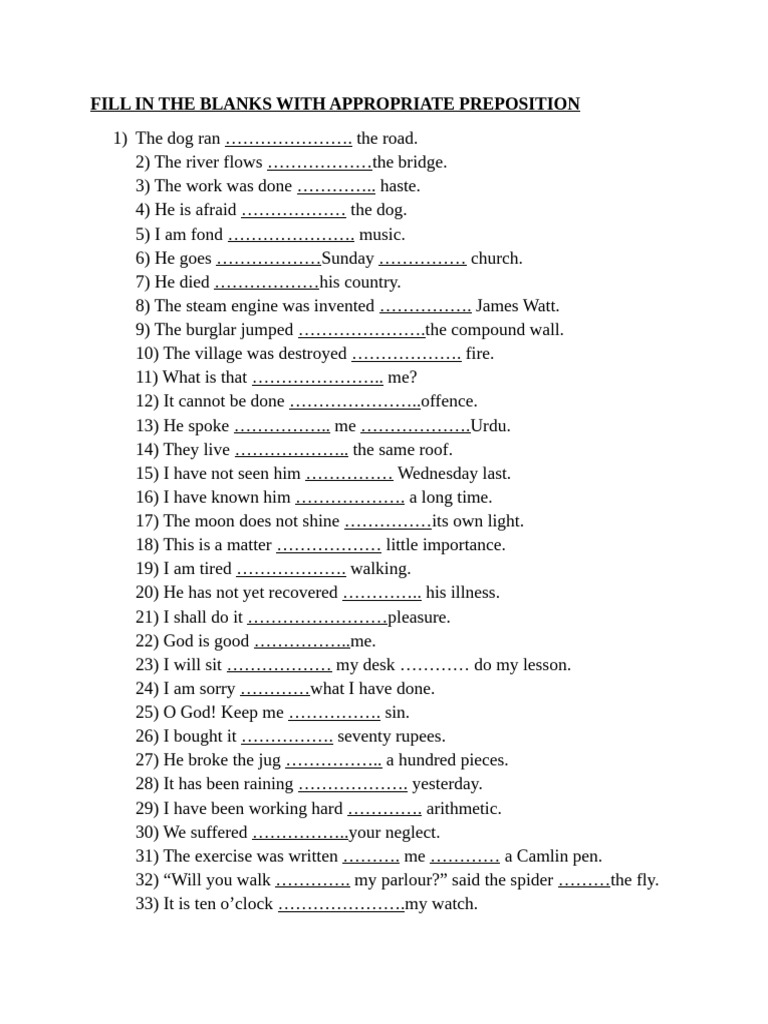 Fill in the Blanks With Appropriate Preposition | PDF