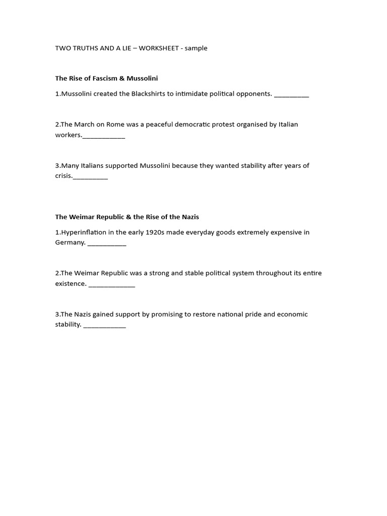 Two Truths and A Lie Worksheet | PDF