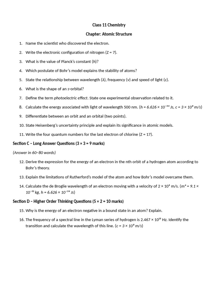 Class 11 Chemistry Atomic Structure | PDF