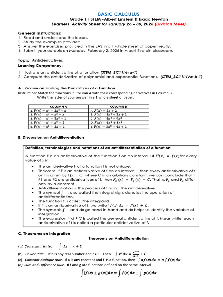 Basic Calculus LAS January 28 Feb 3 2026 | PDF | Integral | Function ...