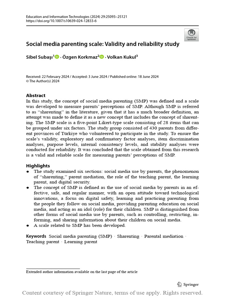 Social Media Parenting Scale - Validity and Reliability Study | PDF