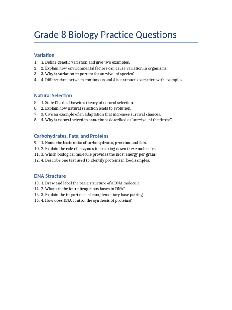 Grade8 Biology Practice Questions | PDF