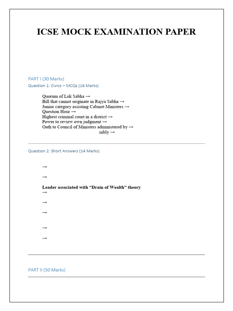 Icse Mock Examination Paper | PDF | British Raj | Government Institutions