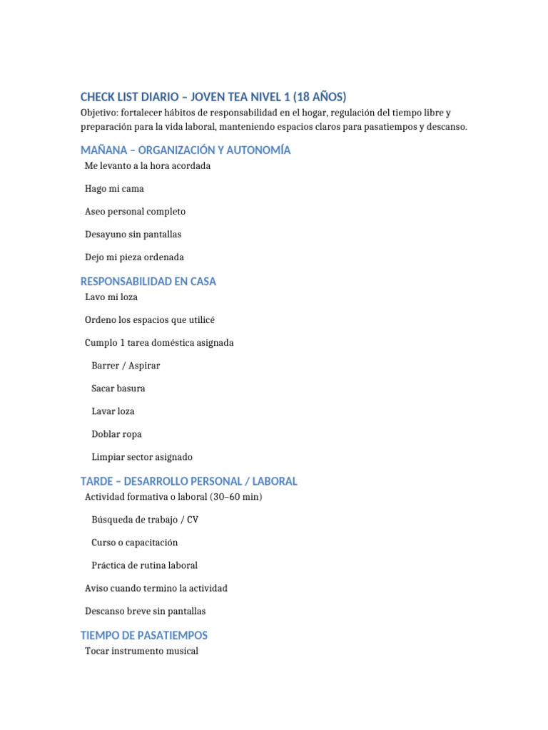 Checklist Rutina Diaria TEA 18 | PDF