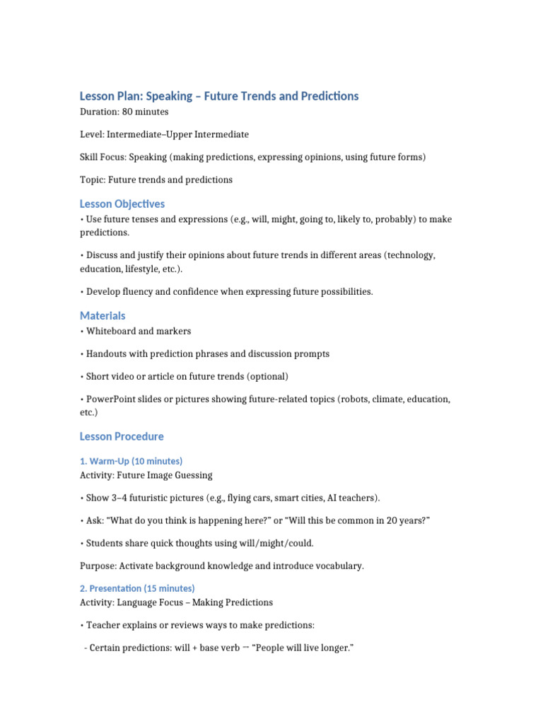 Lesson Plan Speaking Future Trends and Predictions | PDF | Fluency | Verb