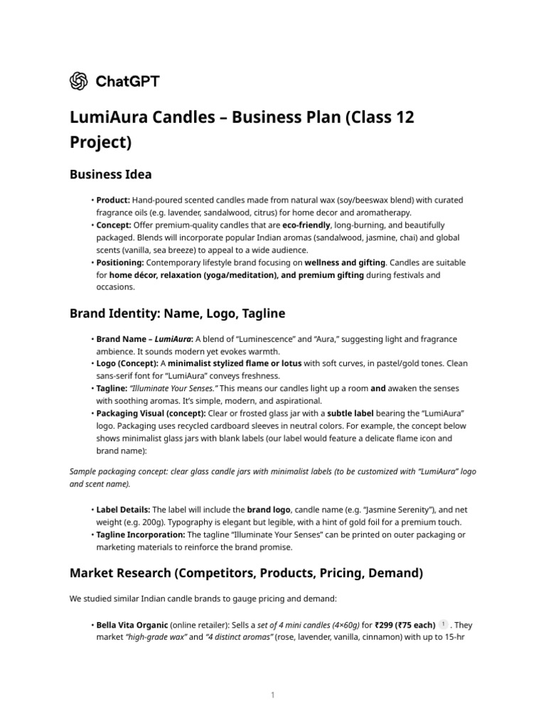 __LumiAura Candles__ – Business Plan (Class 12 Project) | PDF | Candle ...