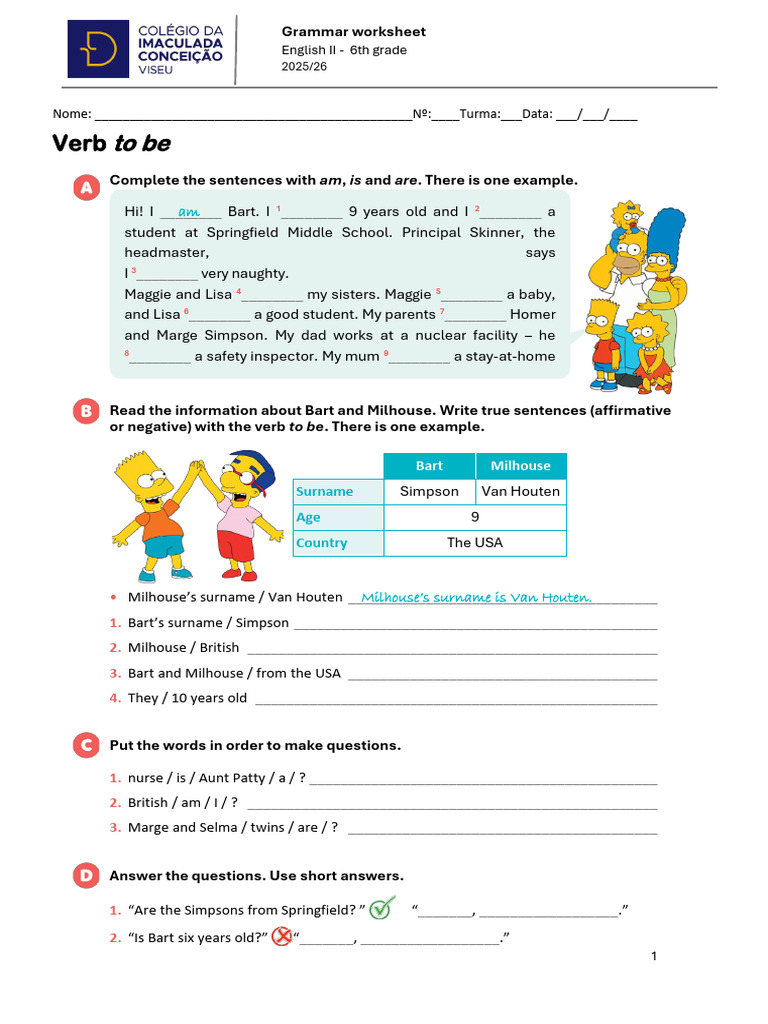 Grammar Worksheet Unit 1 | PDF | Bart Simpson | The Simpsons