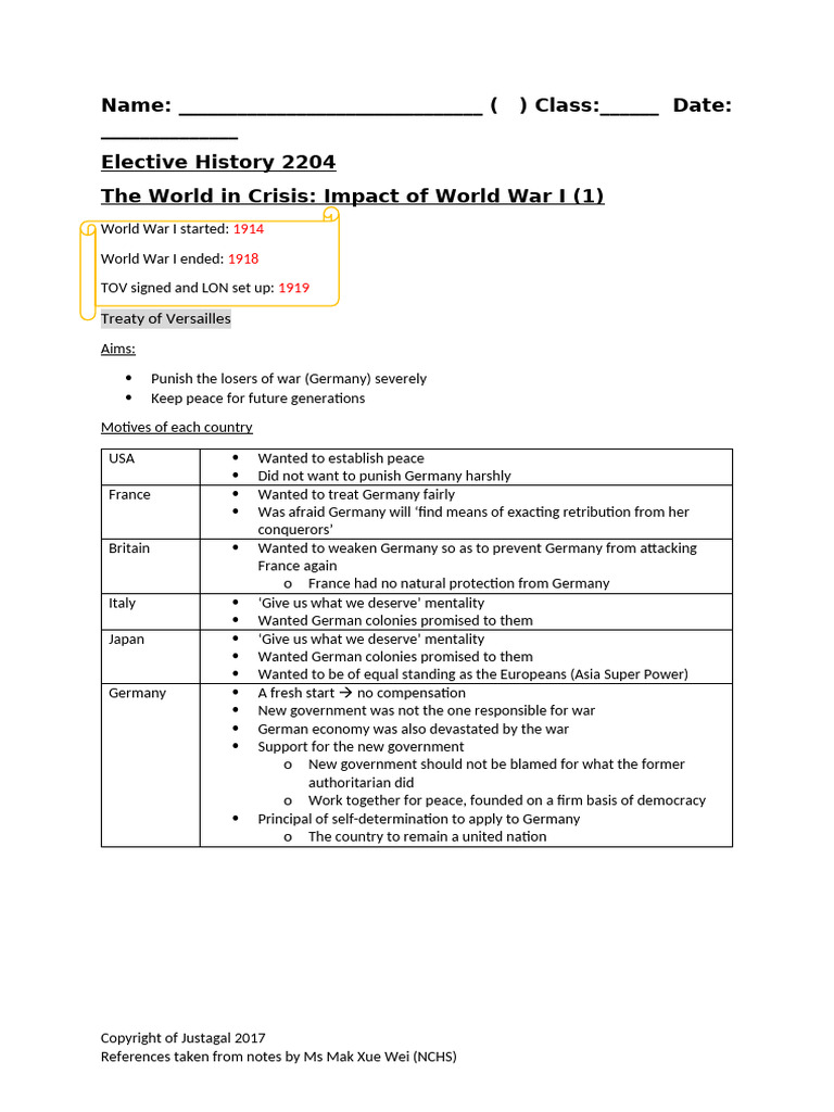 Elective History Chapter 1 Notes 2 | PDF | World War I Reparations ...