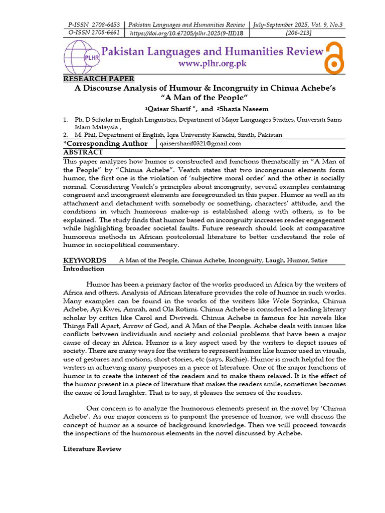 A Discourse Analysis of Humour & Incongruity in Chinua Achebe's "A Man ...