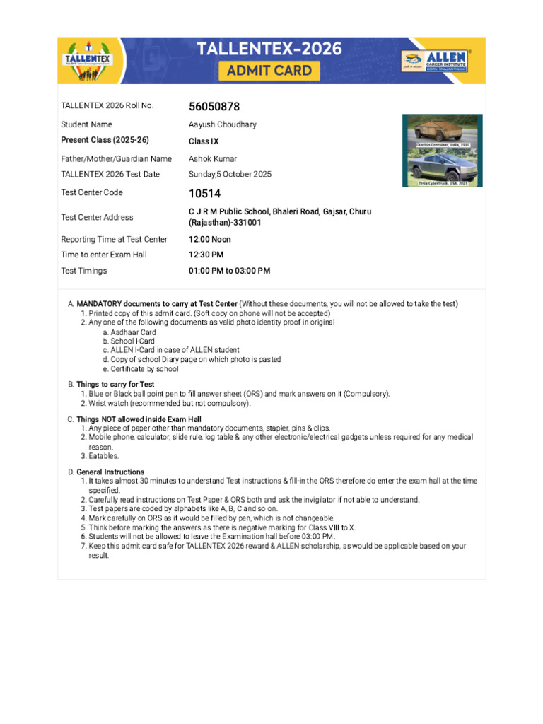 Tallentex 2026 - Admit Card | PDF