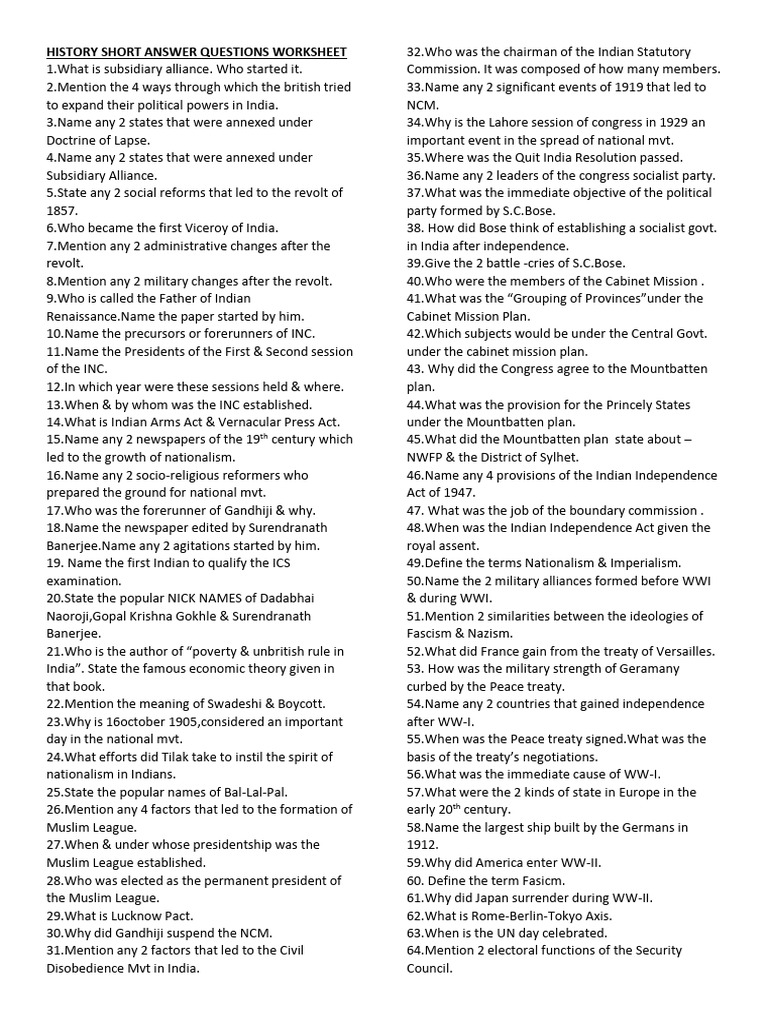 History Short Answer Questions Worksheet-1 | PDF | Indian Independence ...