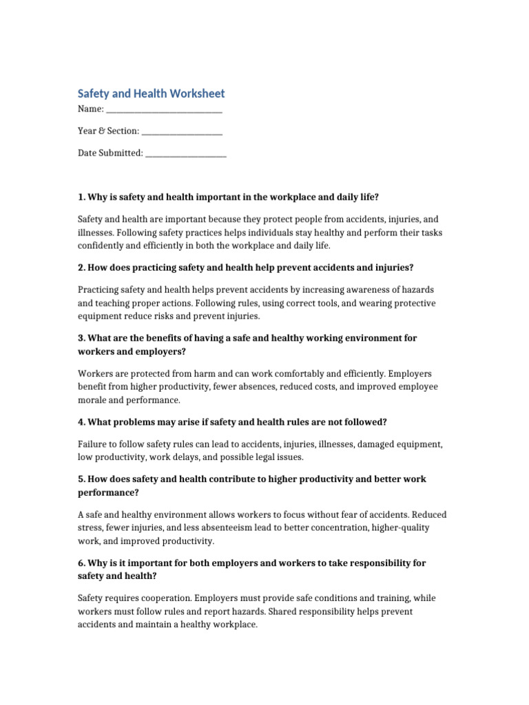 Safety and Health Worksheet | PDF