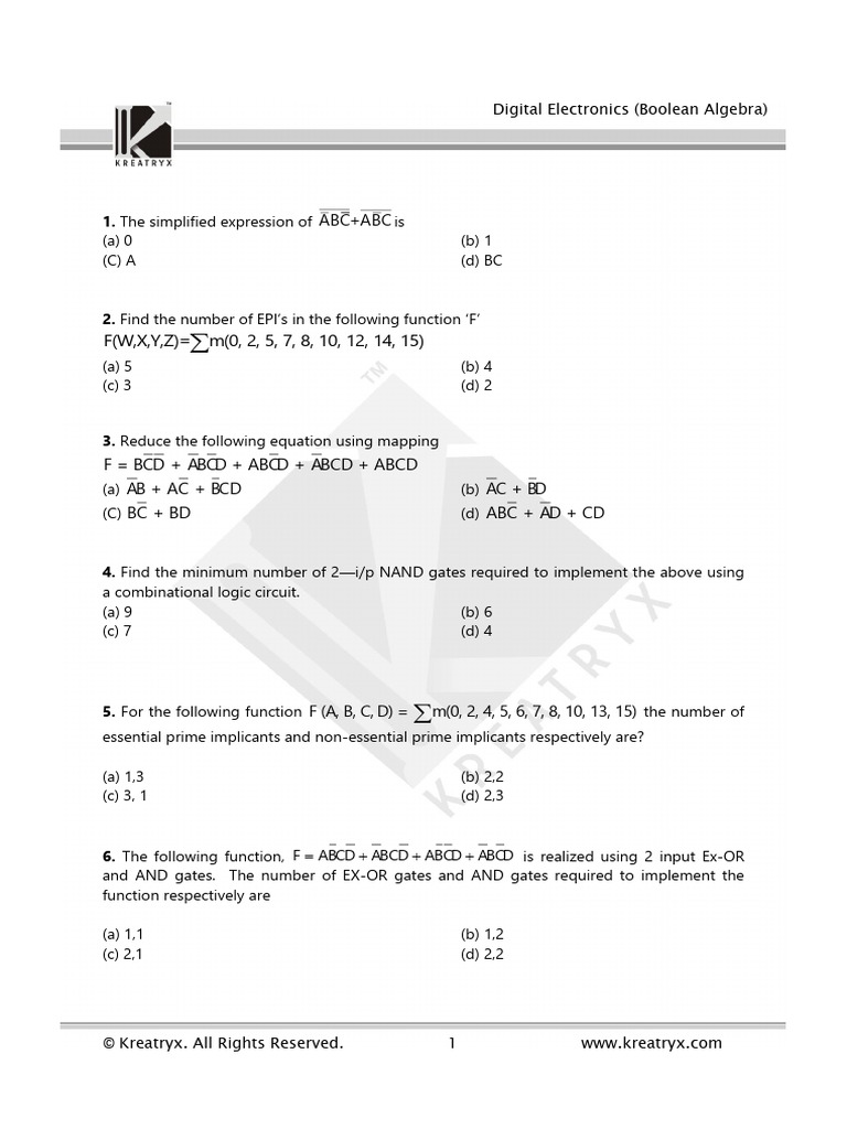 Digital Electronics (Practice Ques - Boolean Algebra) | PDF | Logic ...