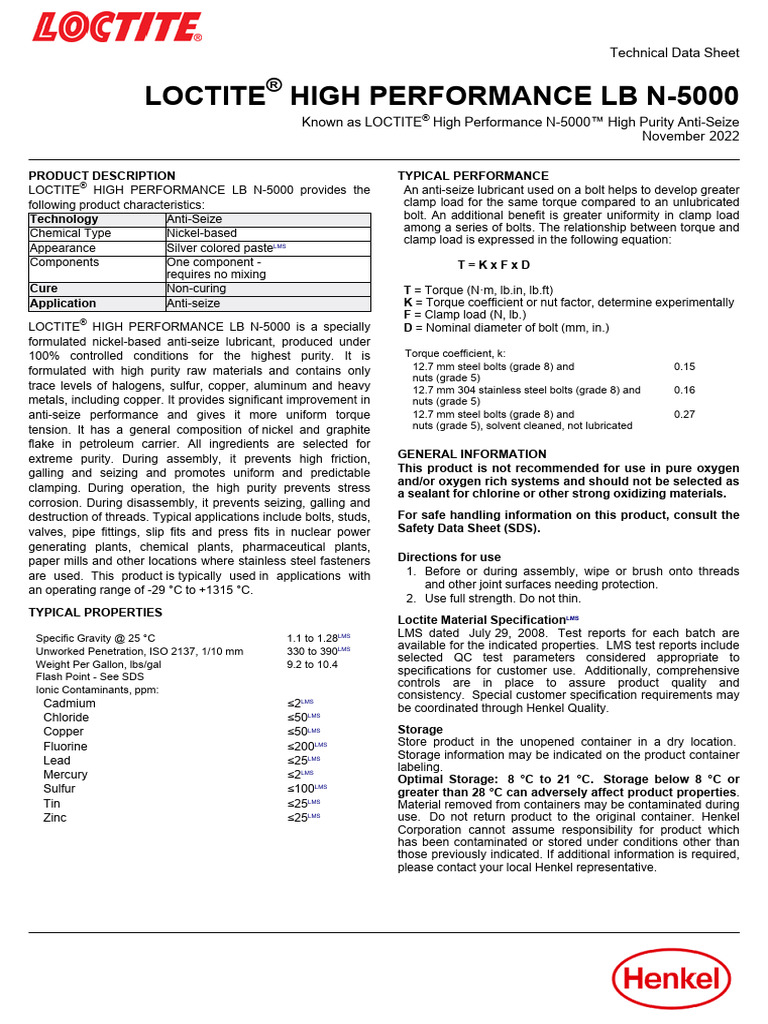 Loctite High Performance LB N 5000 en GL | PDF | Legal Liability | Screw