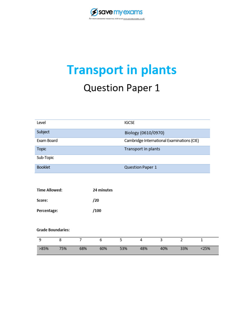 8 Transport in Plants Topic Booklet 1 CIE IGCSE Biology | PDF ...