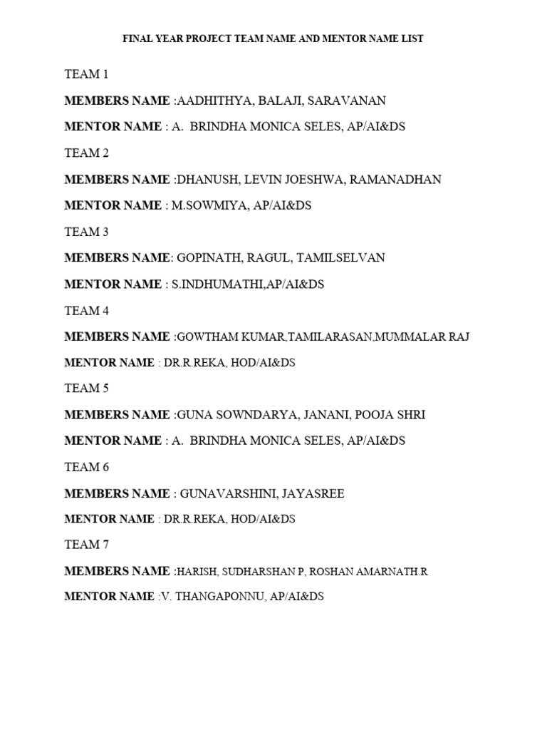 Final Year Team Name List | PDF