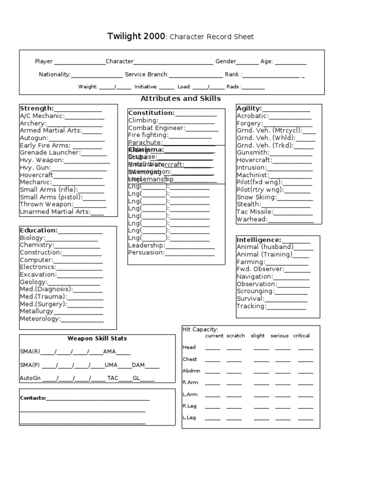 Twilight 2000 Character Record Sheet | PDF | Military Science ...