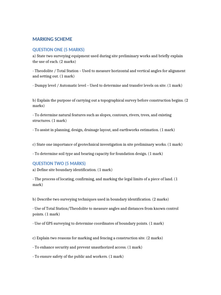 Marking Scheme Site Preliminary Works | PDF | Surveying