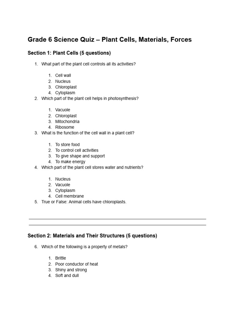 Grade 6 Science Quiz - Plant Cells, Materials, Forces | PDF