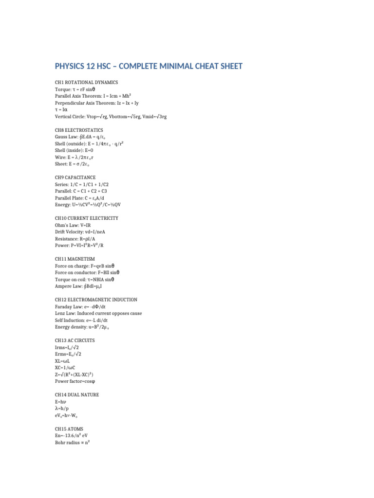 Physics 12 HSC Full Cheat Sheet Final | PDF