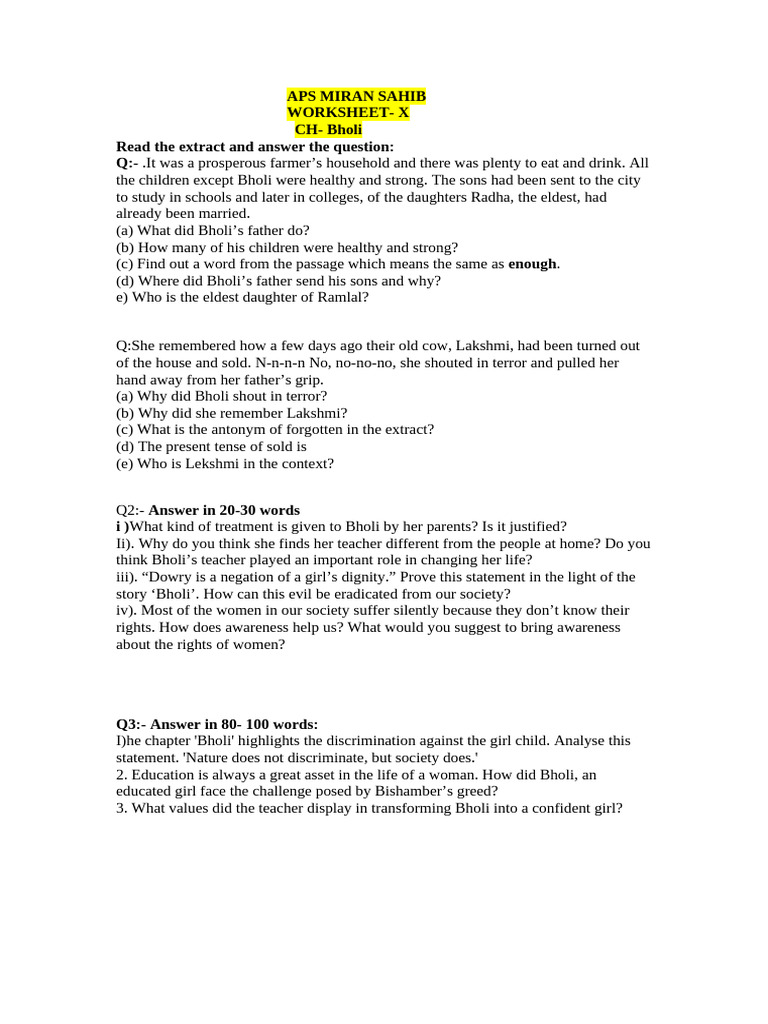 Bholi X Worksheet | PDF
