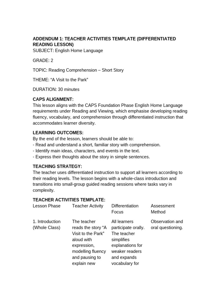 Teacher Activities Template Differentiated Lesson | PDF | Reading ...