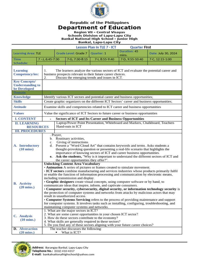 Lesson Plan-No. 1-ICT-Sectrs in ICT | PDF | Educational Technology ...