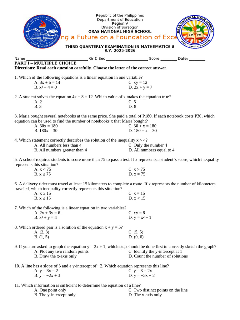 DTC - PT - q3 Mathematics 8 Matatag With Tos Key | PDF | Equations ...