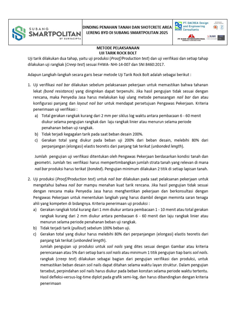 Method Statement Pull Out Test Rock Bolt | PDF