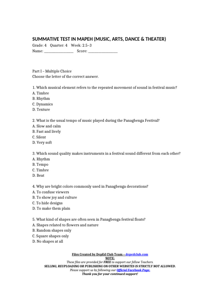 Dtc Summ Test Mapeh Music Arts Dance Theater 4 q4 w2.5-3 | PDF | Dances