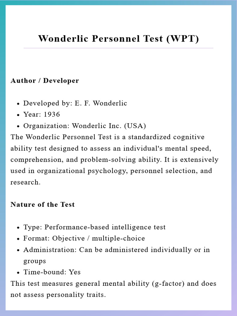 Wonderlic Personnel Test (WPT) | PDF | Intelligence | Behavioural Sciences