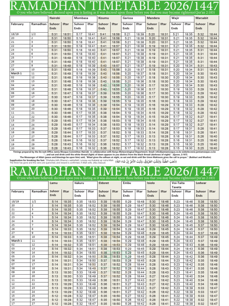 Ramadhan Timetable 1447-2026 | PDF | Ramadan | Sharia