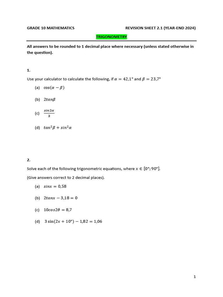 Revision Sheet 2.1 (Trigonometry) | PDF | Trigonometry | Mathematics
