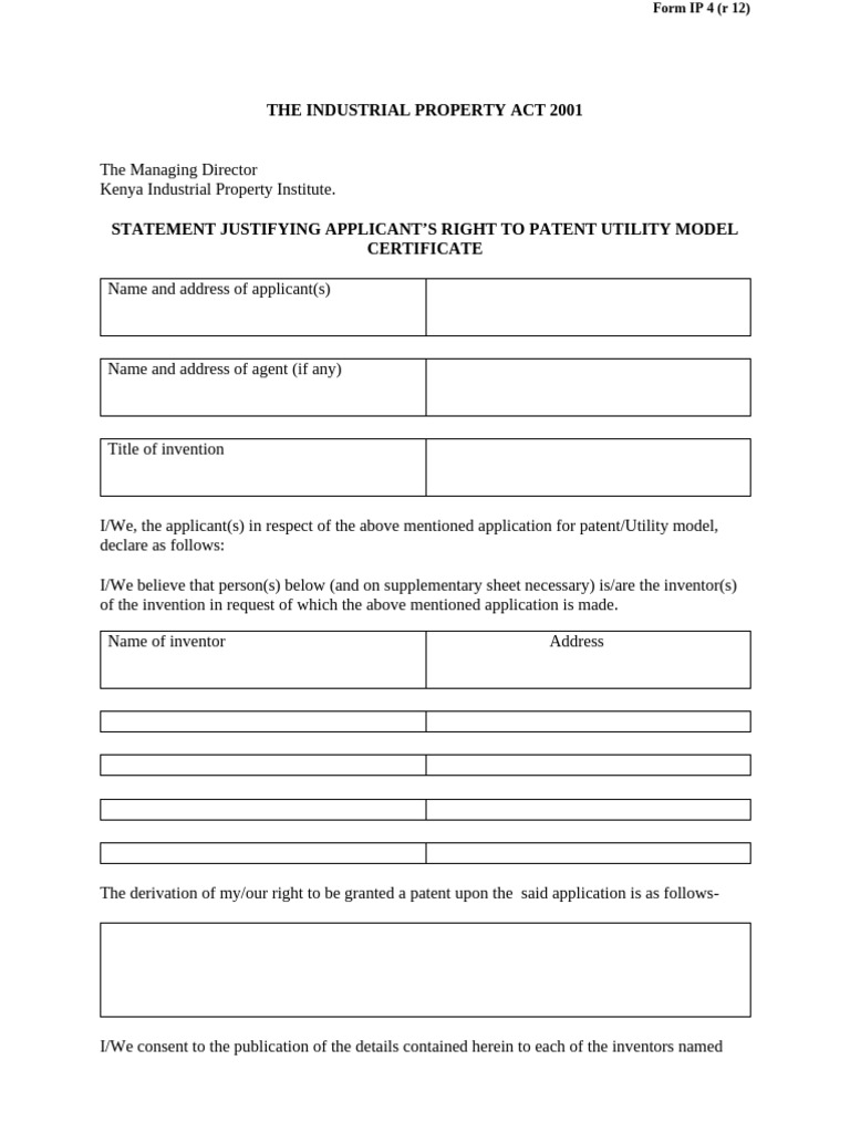 FORM IP 4 - Statement Justifying Right to Patent Utility Certificate ...