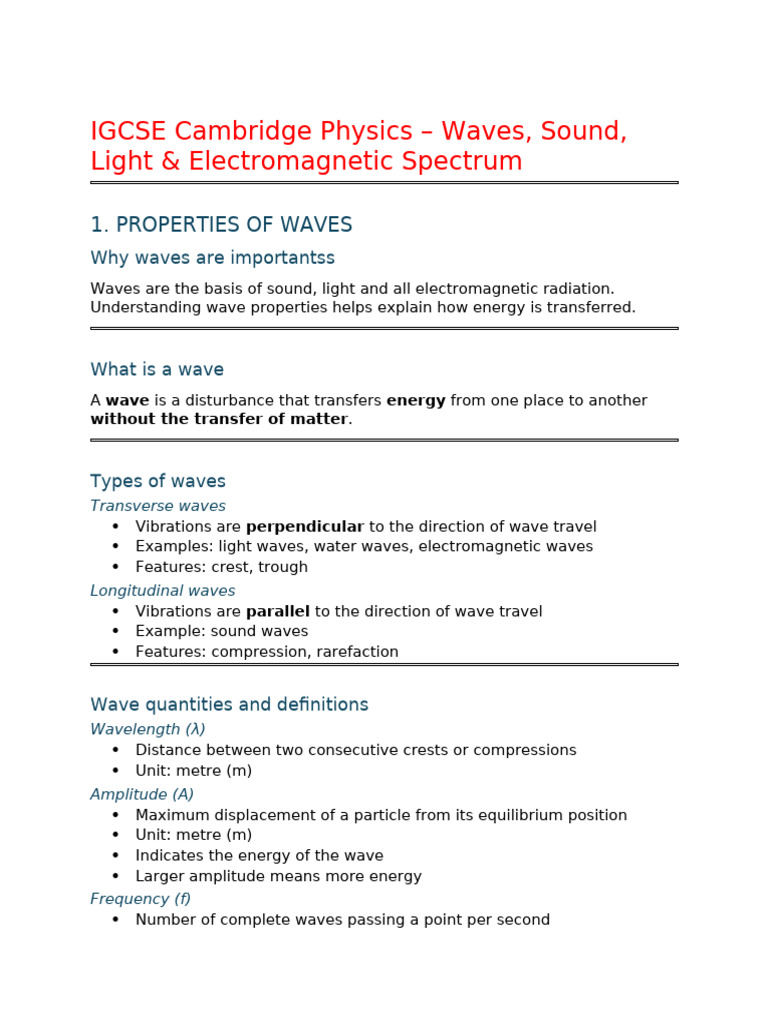 Igcse Physics Waves, Sound, Light and em Spectrum - Complete Notes ...