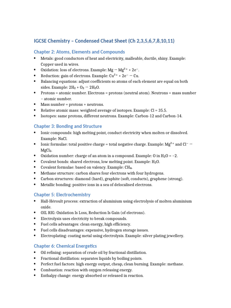 IGCSE Chemistry Cheat Sheet | PDF | Chemical Reactions | Acid