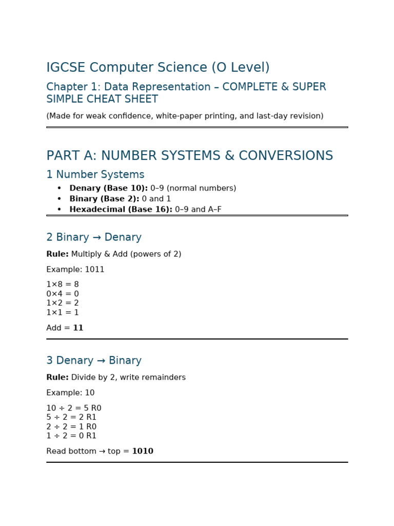 Igcse Cs Chapter 1 - Complete Data Representation Cheat Sheet (Simple ...