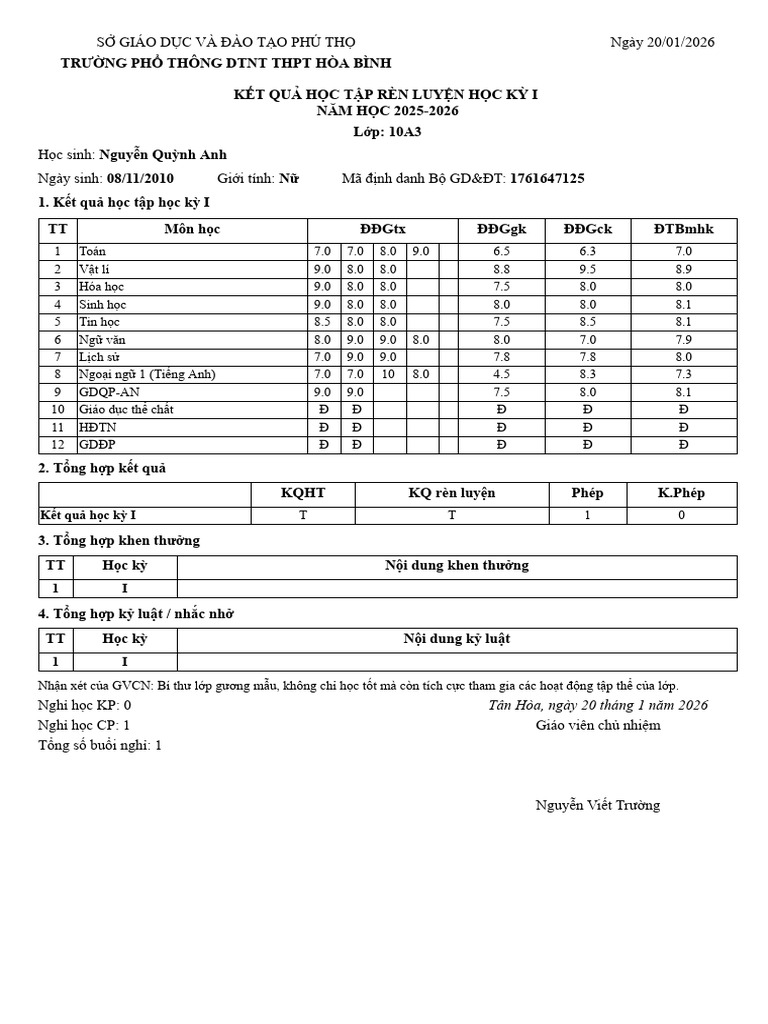 Phieu Diem Hs 10a3 Namhoc 20252026 | PDF