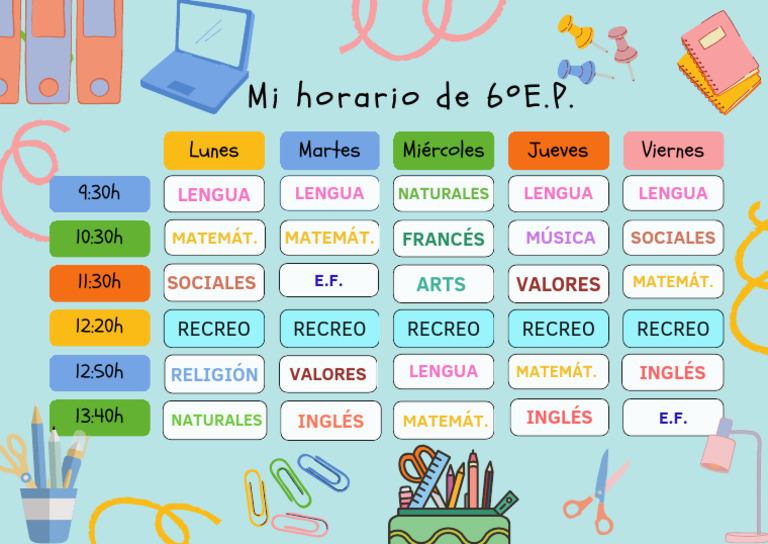 Horario Escolar 6º E.P. | PDF